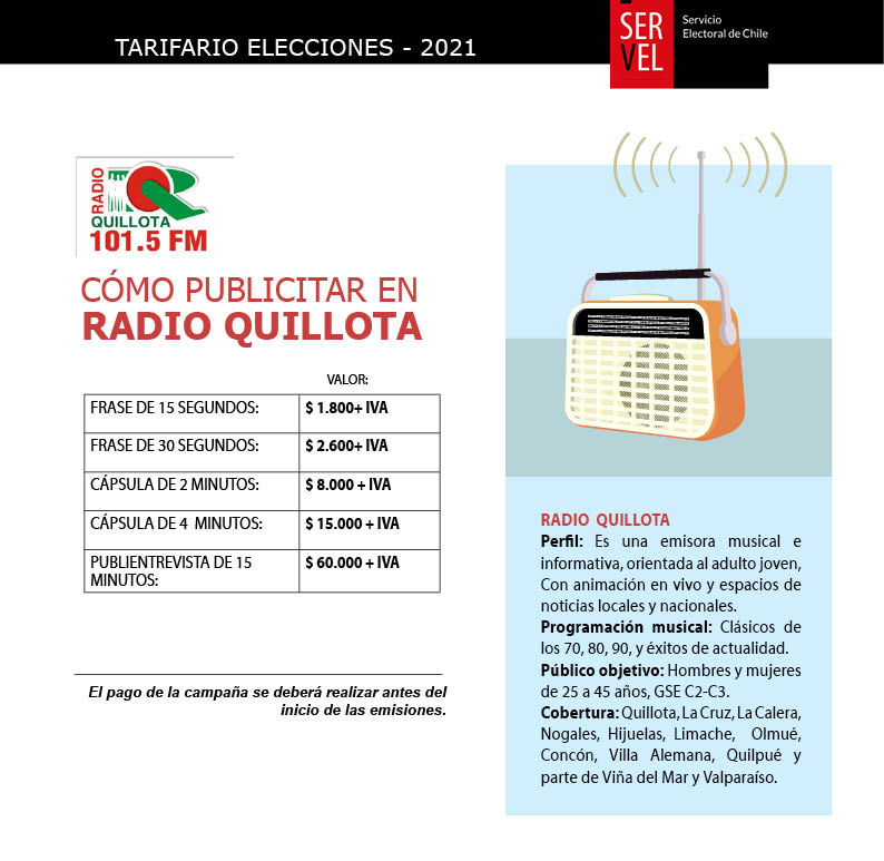 Lamina tarifas radio QUILLOTA | El Observador
